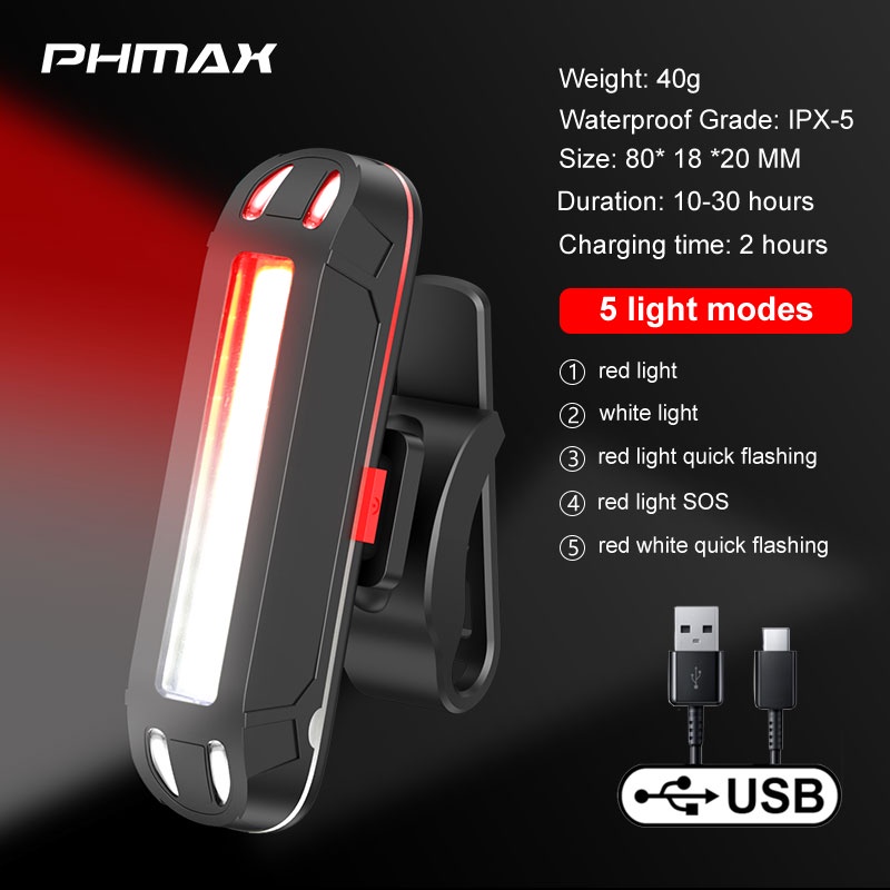 Phmax ไฟท้ายจักรยาน LED ชาร์จ USB ไฟเตือนความปลอดภัย | Shopee Thailand
