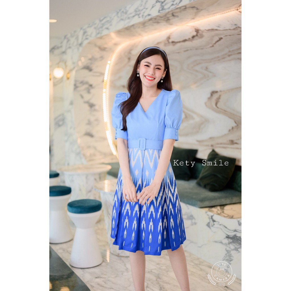 Kety Smile เดรสผ้าไหมญี่ปุ่นอัดกาว คอวี แขนตุ๊กตา งานขายดีอับหนึ่ง SPC10 ฟ้า/น้ำตาล (S-3XL ...