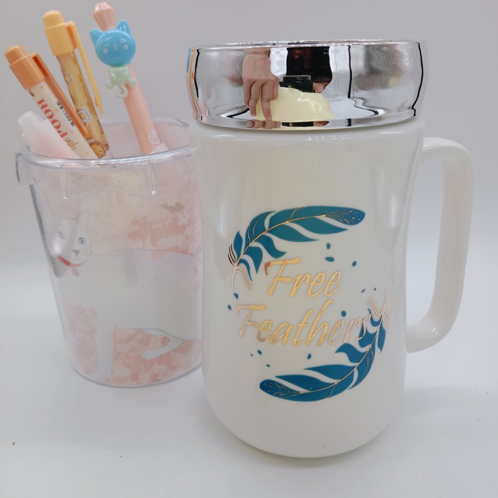 JM5-แก้วกระจกลายขนนกสุดพรีเมี่ยม ฟ้าทองสุดหรูหรา ชาวออฟฟิตนักเรียน ...