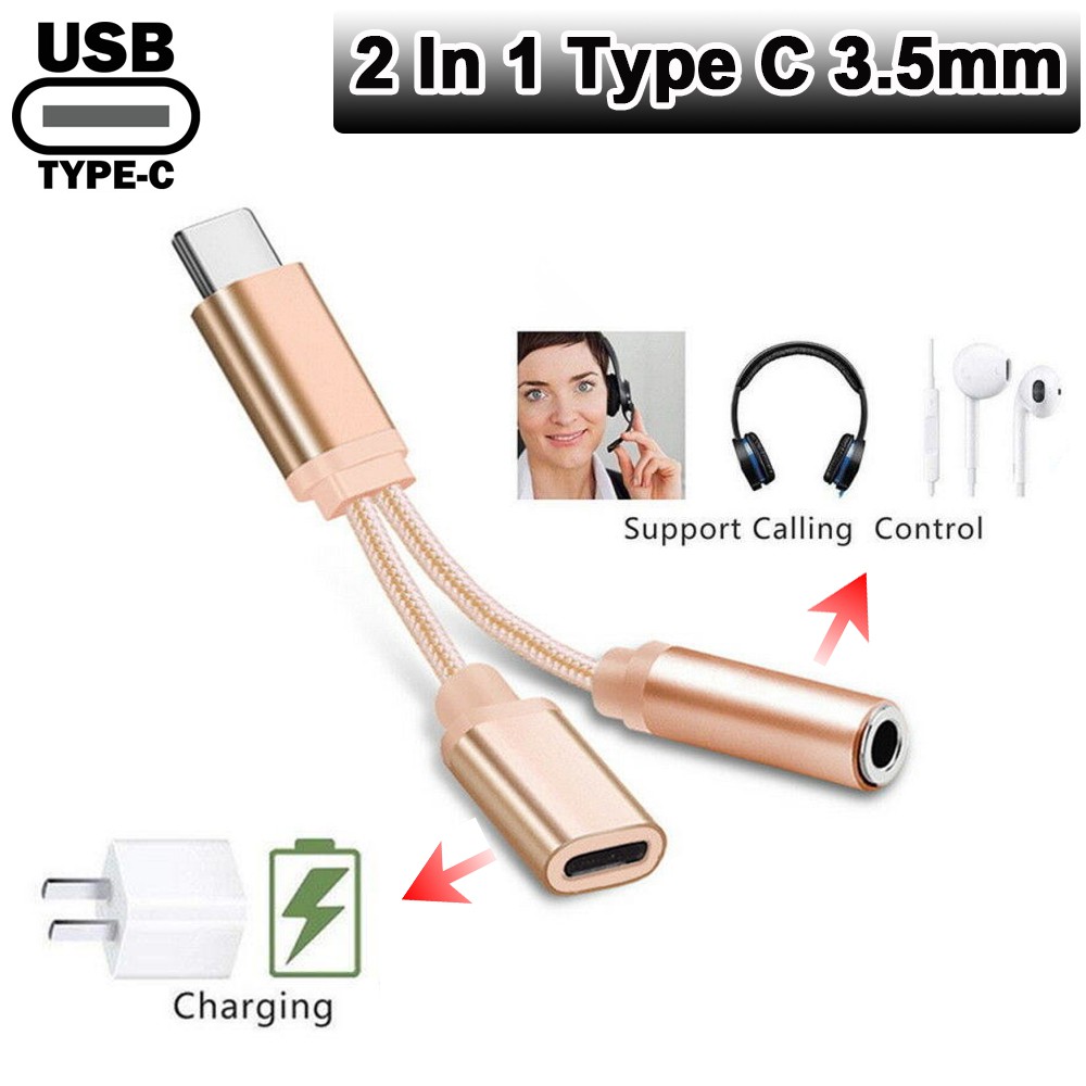 Type C To 3.5 Mm Charger 2 In 1 Type C 3.5mm Aux Audio Charging Cable Adapter Splitter Headphone ...