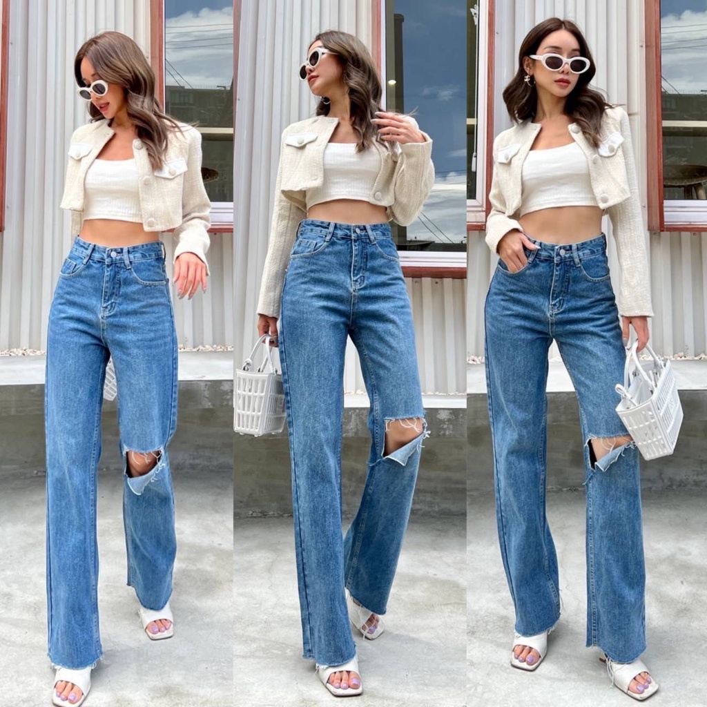 Promthong Jeans กางเกงยีนส์เอวสูง ทรงกระบอก สีฟอกเข้ม แต่งขาดเข่าหนึ่ง ...