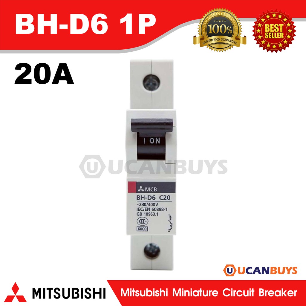 Mitsubishi MCB 1 Pole 20A 6kA รุ่น BH-D6 1P 20A Mitsubishi Miniature Circuit Breaker ลูกเซอร์กิต ...