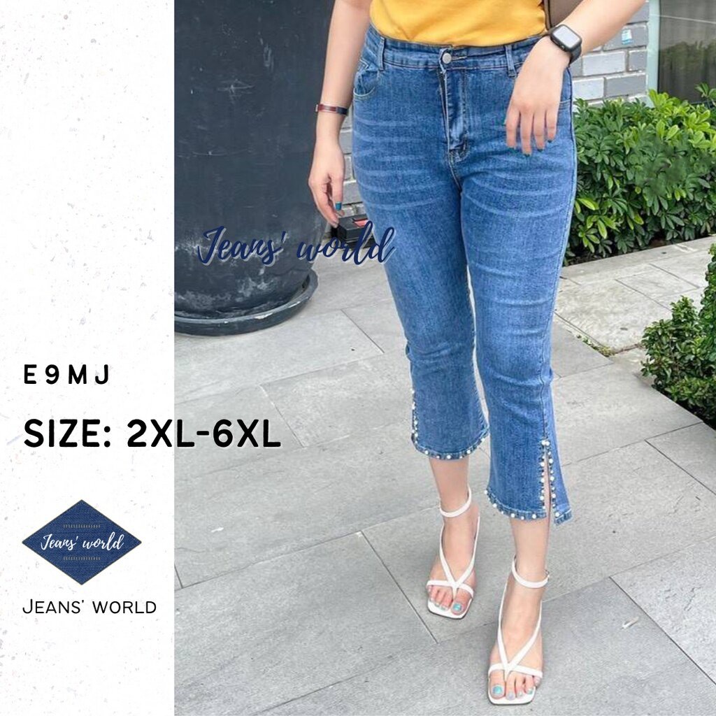 Jeans' world: E9MJ [2XL-6XL] กางเกงยีนส์ เอวสูง ขาม้าเล็ก แต่งปรายขา แหวกข้างน้อยๆ ผ้ายืด ใส่ ...