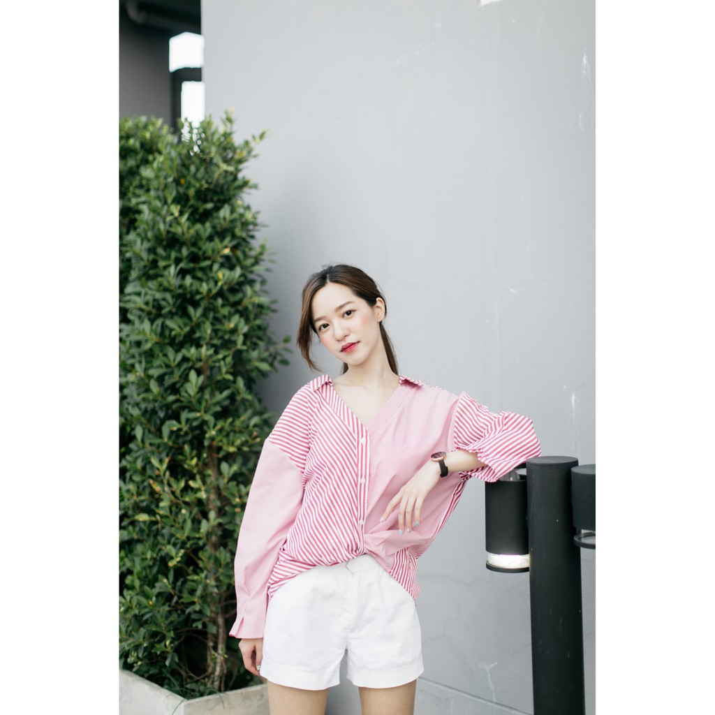 Numsha Brand เสื้อทูโทนลายทางชายบิด / NB18226 | Shopee Thailand