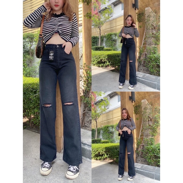 S-38 atom jeans กางเกงยีนส์ทรงกระบอกใหญ่ดำเทาเฟด ขาดเข้า | Shopee Thailand