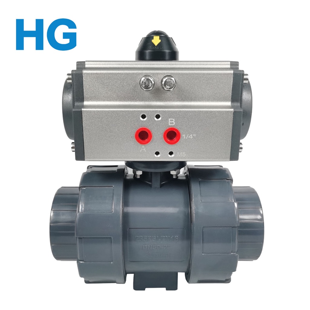 UPVC Pneumatic Double Ball Valve With Bracket High Platform Plastic ...