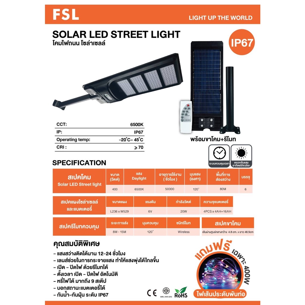 FSL Solar LED Street light โคมไฟถนนโซล่าเซลล์ ขนาด 300W, 400W (แสงขาว ...