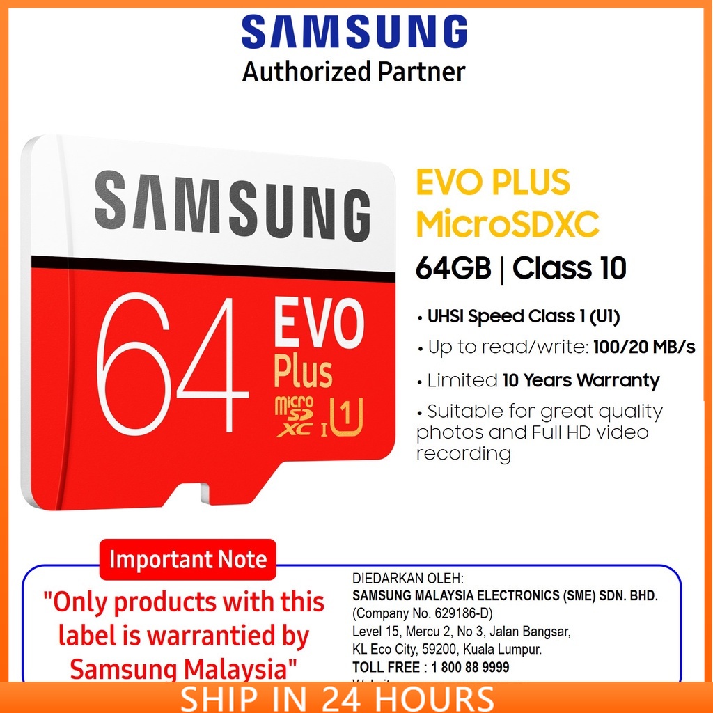 Original Samsung Micro SD Memory Card W/Adpt EVO Plus (64GB/128GB) Read:100Mb/s Write: up to 20 ...