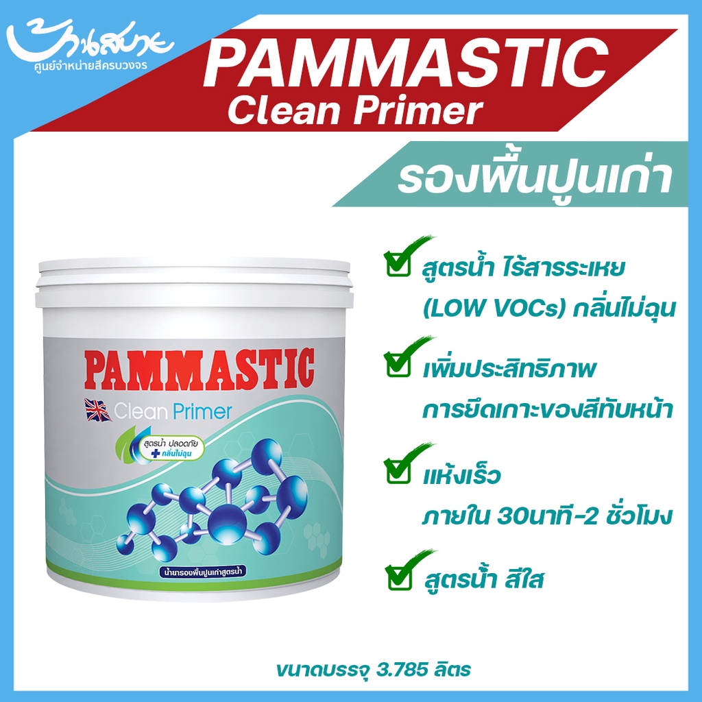 Pammastic Clean Primer น้ำยารองพื้นปูนเก่า ขนาด 3.785L สูตรน้ำ สีใส กลิ่นไม่ฉุนคลีนไพร์เมอร์ ...