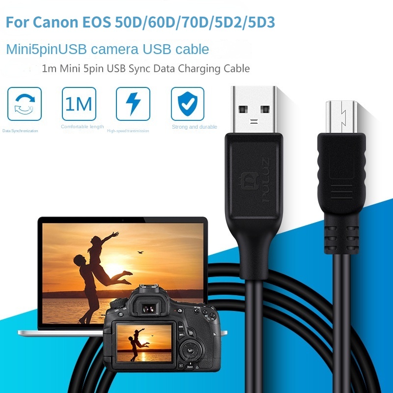 1m Mini 5Pin USB Sync สายชาร์จข้อมูลสําหรับ Canon EOS 50D / 60D / 70D / 5D2 / 5D3 สายเคเบิล ...