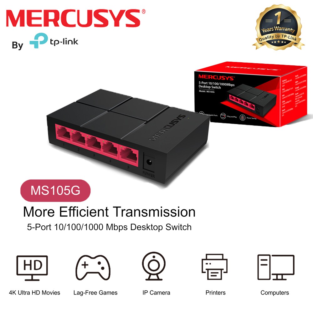 MERCUSYS MS105G 5-Port 10/100/1,000 Mbps Desktop Switch | Shopee Thailand