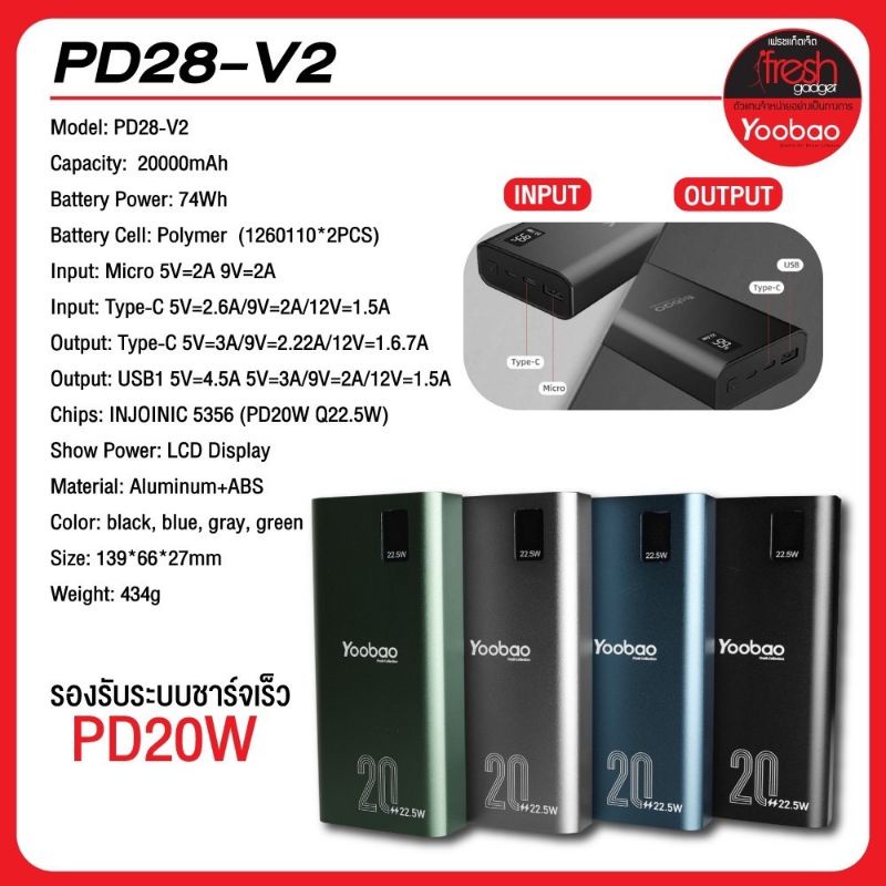 Yoobao Power Bank รุ่น PD28-V2 ความจุ 20000 แอมป์ ระบบ PD20 W/SCP 22.5W ...