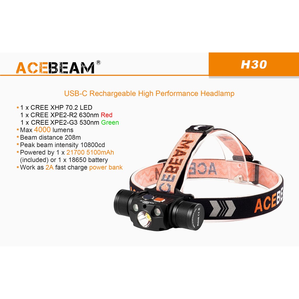 ไฟคาดหัว ACEBEAM H30 สว่างมากสุดถึง 4000 ลูเมนส์ และยังมีไฟสีแดง เขียว อีกด้วย พร้อมแบต 21700 ...