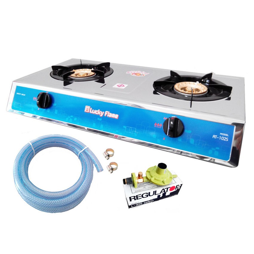 Lucky flame เตาแก๊สกล่อง 2หัว AT-102S +หัวปรับปลอดภัย L-325S+สายยางนำแก๊ส+เข็มขัดรัดสายแก๊ส ...