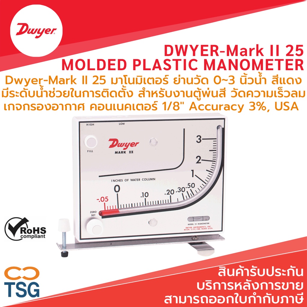 DWYER-Mark II 25 Molded Plastic Manometer ย่านวัด 0~3 นิ้วน้ำ สีแดง มี ...