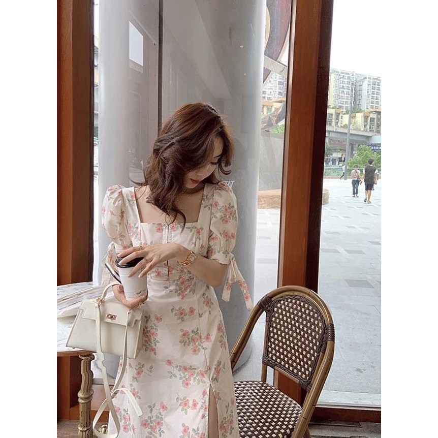 เดรสยาวคอเหลี่ยมสีขาวลายกุหลาบ แขนแต่งผูกโบว์ ป้าย Beidi มีซับในทั้งชุด | Shopee Thailand