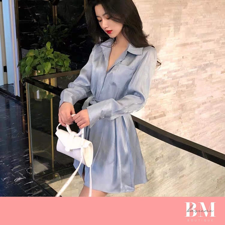 ิBasic.me - ชุดเดรสสั้น เดรสเชิ้ตแขนยาว สีฟ้า | Shopee Thailand