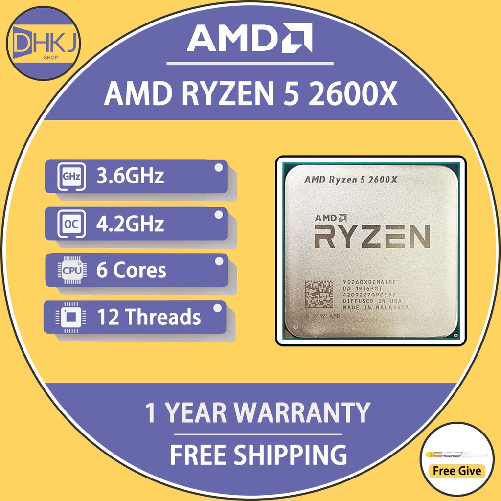 ใช้ AMD Ryzen 5 2600X R5 2600X 3.6 GHz Six-Core Twelve-Thread 95W CPU โปรเซสเซอร์ซ็อกเก็ต AM4 ...