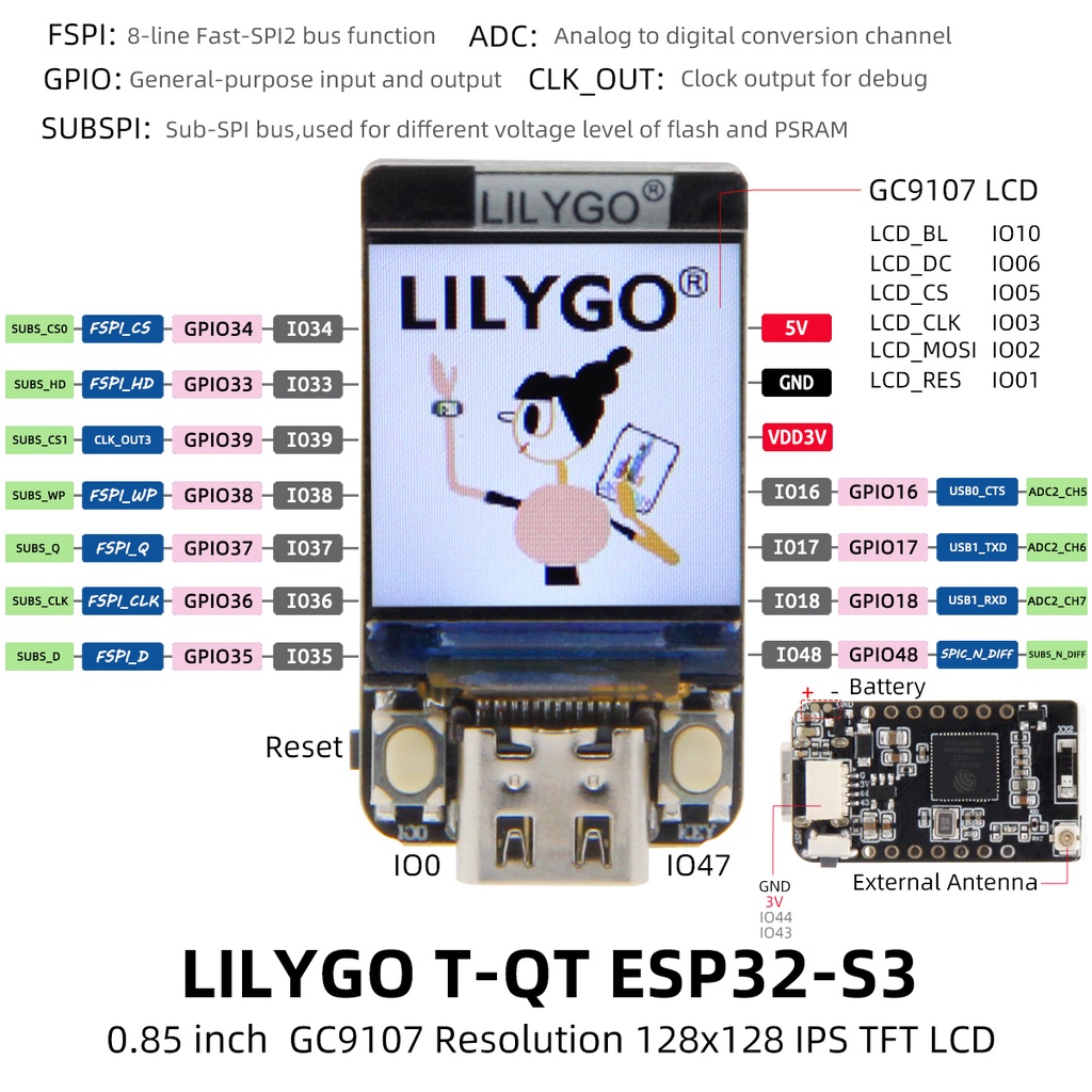 T-QT V1.0 ESP32-S3 GC9107 0.85 Inch LCD Display Module Development Board WIFI Bluetooth Full ...