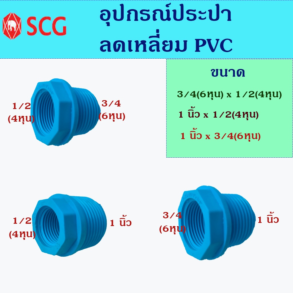 SCG ลดเหลี่ยม PVC สำหรับงานประปา ขนาด 3/4 x1/2 - 1 นิ้ว x1/2 - 1 นิ้ว x 3/4 | Shopee Thailand