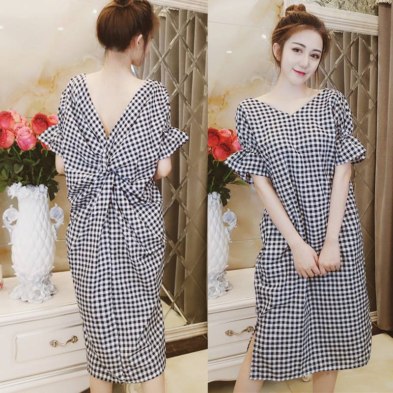 ชุดเดรสคลุมท้องสไตล์เกาหลี ลายสกอต AA2289 | Shopee Thailand