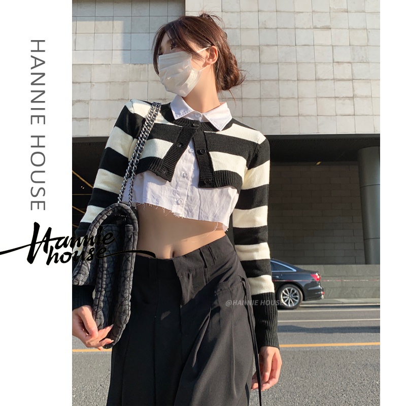Hannie- เสื้อถัก คอกลม แขนยาว พิมพ์ลายทาง สําหรับผู้หญิง | Shopee Thailand