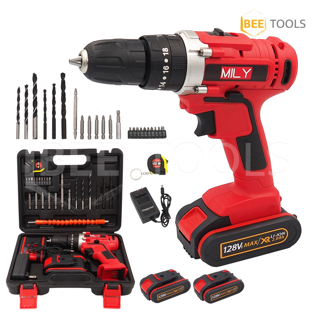 MILY สว่านไร้สาย สว่าน 128V 3 ระบบ มีระบบกระแทก แบตเตอรี่ Li-ion อย่างดี 2ก้อน พร้อม ดอกสว่าน ...