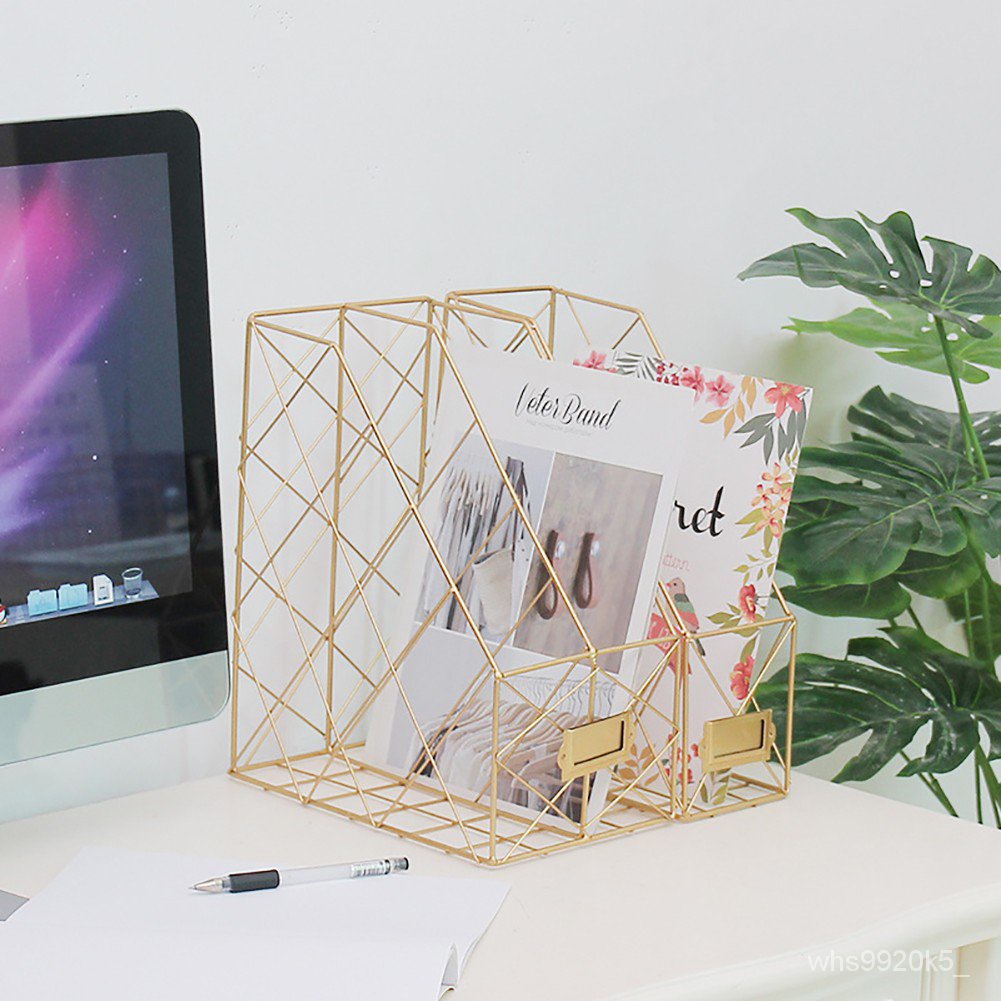 Double Grids Iron Storage Rack Shelf Desktop Book Magazine Organizer ...