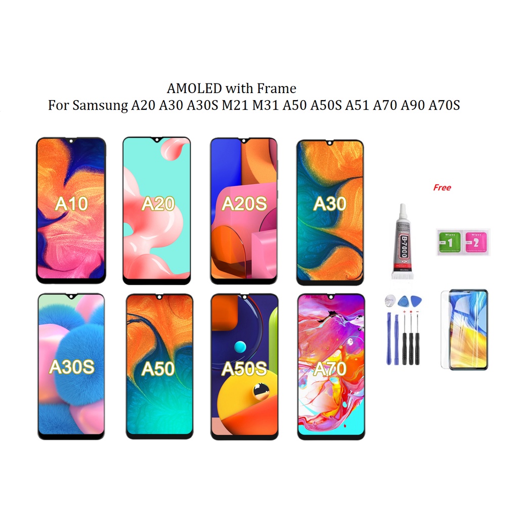 Amoled LCD กรอบสําหรับ Samsung Galaxy A20 A30 A50 M30S M21 M31 A50S A51 A70 A90 A70S จอแสดงผล ...