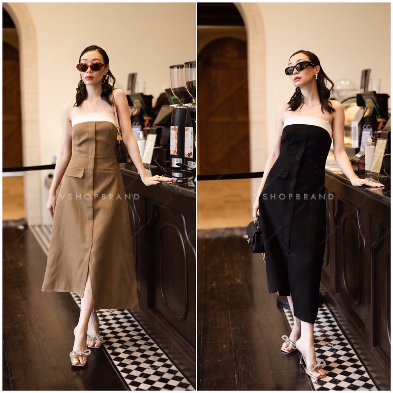 เดรสเกาะอกขลิบขอบVshop Brand | Shopee Thailand