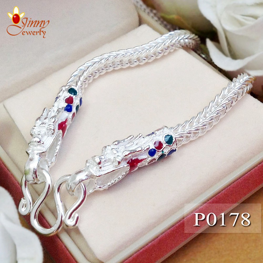 สร้อยคอเงินแท้ 92.5% ลายสี่เสา หัวมังกรลงยา ชายหญิงใส่ได้ สร้อยสวย ขายดี (สร้อยงานไทย) P0178 ...