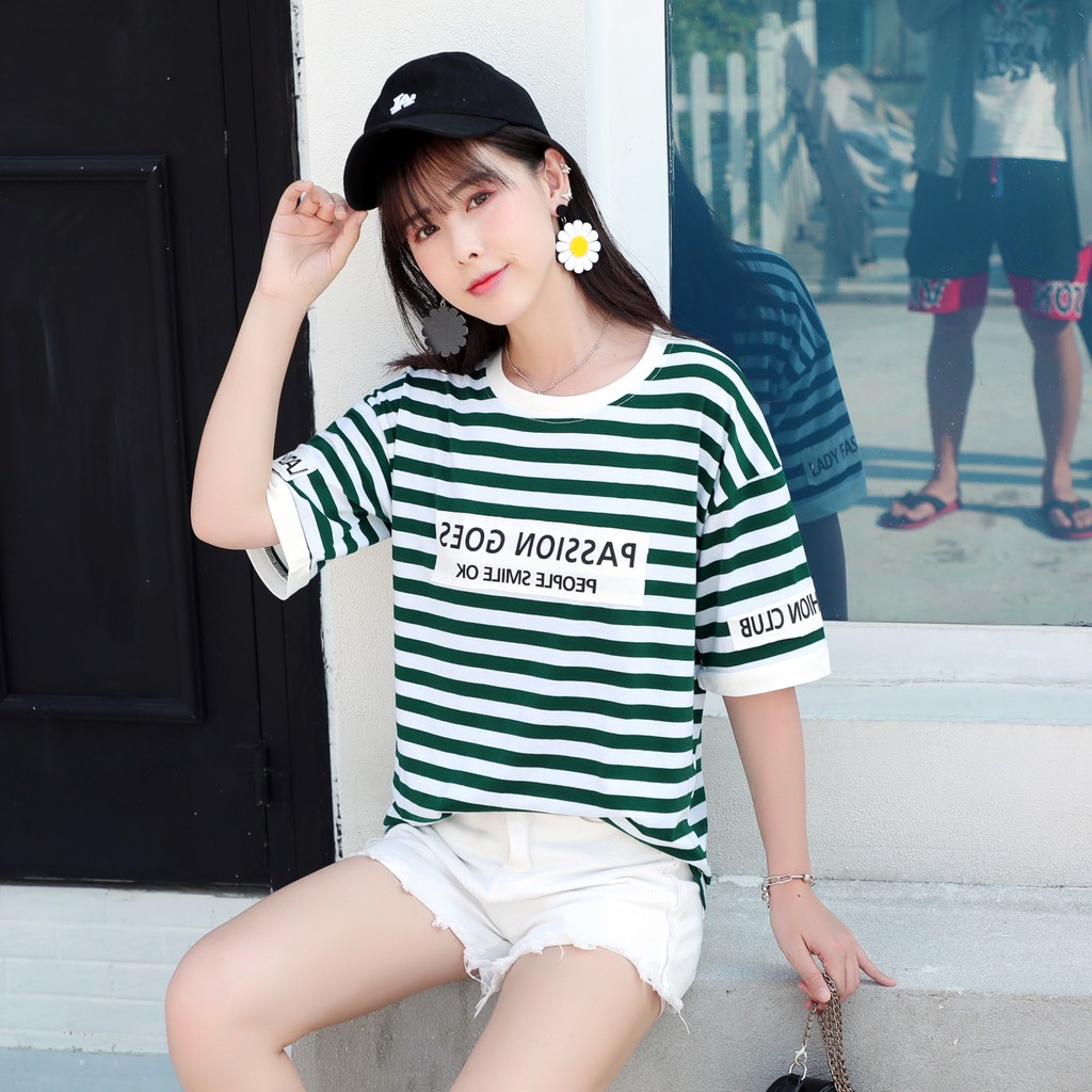 LHSunshine เสื้อยืดลายทางสกรีนลายภาษาอังกฤษ ดีไซน์แบบใหม่ปังมากจ้า | Shopee Thailand