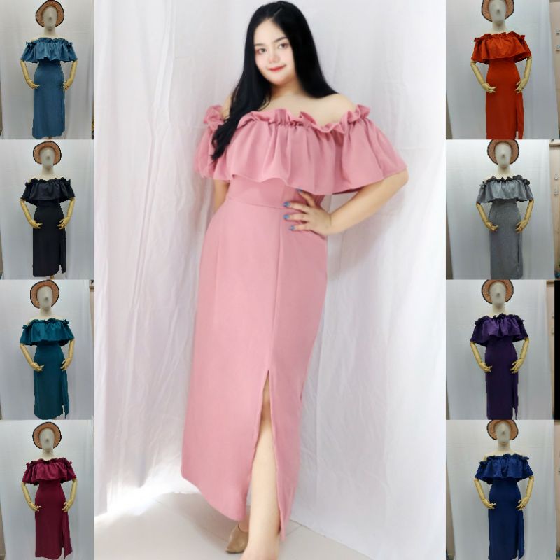 J61 เดรสสาวอวบตัวยาว ผ้ายืดวูลเวฟ ดึงยางรอบอกเอว ใส่ปาดใหล่ คลุมอก | Shopee Thailand