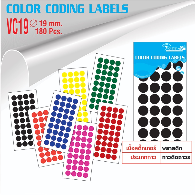 สติ๊กเกอร์วงกลม 19 มม.เนื้อพลาสติก Color Coding Label -VC19 บรรจุ 5 แผ่น ( 180 ดวง/ ห่อ ...