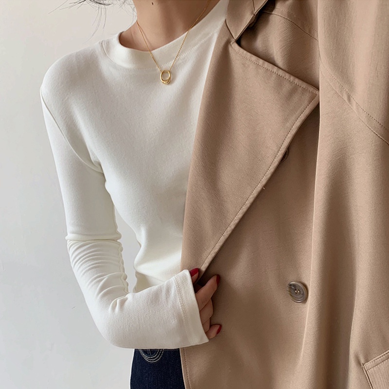 WANG JIAO ZHAN เสื้อยืดแขนยาว ผ้าฟลีซ สองด้าน สีพื้น เรียบง่าย เสื้อกัน ...