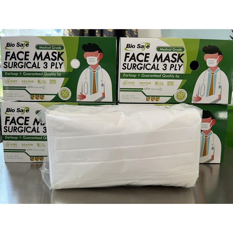 หน้ากากอนามัยผู้ใหญ่เกรดการแพทย์ หนา3 ชั้น Biosafe 50 ชิ้นต่อกล่อง สีขาว สีเขียว | Shopee Thailand