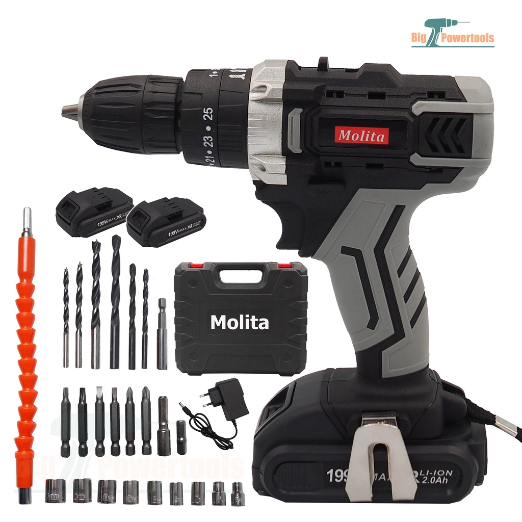 MOLITA สว่านไร้สาย 199V สว่านกระแทก 3 ระบบ แบตเตอรี่ 2 ก้อน พร้อม ดอกสว่าน เครื่องมือช่าง รวม 32 ...