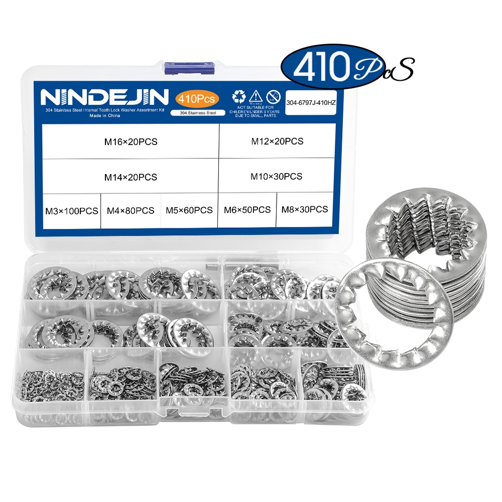 Nindejin ภายในฟันล็อคเครื่องซักผ้า 304 สแตนเลส M3 M4 M5 M6 M8 M10 DIN6797J (410 ชิ้น/ชุด ...