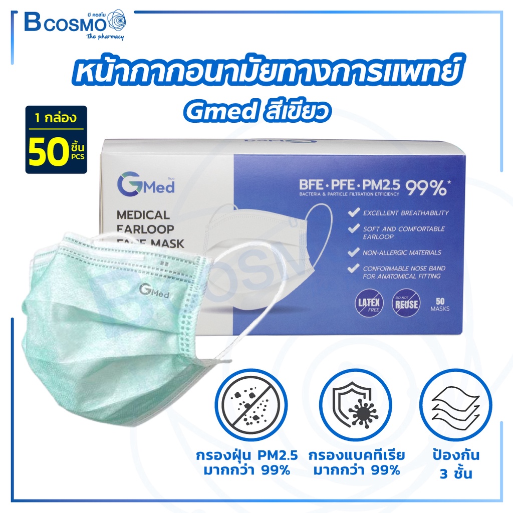 หน้ากากอนามัยทางการแพทย์ Gmed 3 ชั้น แมส มาตรฐาน ASTM F2100 เบาสบาย ...