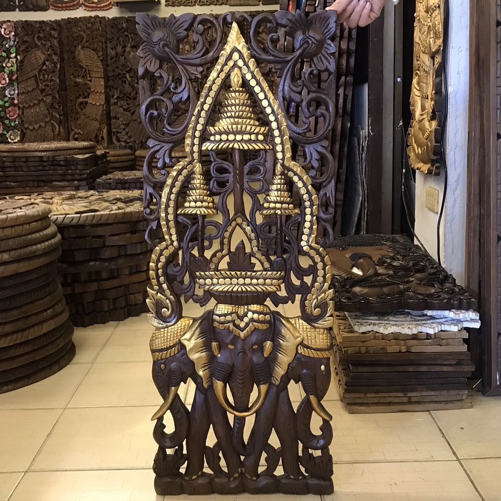 แผ่นไม้สัก แผ่นไม้สักแกะสลัก ลายช้าง 3 เศียร มีฉัตร ปัดทอง ขนาด 35x90 cm. งานไม้สัก แผ่นไม้ฉลุ ...