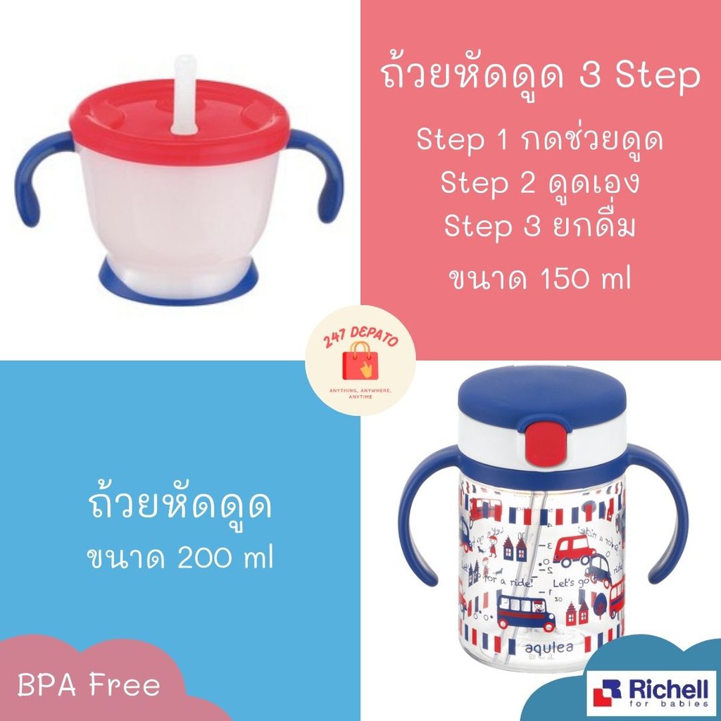 แก้วหัดดื่ม Richell ถ้วยฝึกดูด ฝึกดูดหลอด รุ่น AQULEA ขนาด 150/ 200/ 320/ 450 ml ริเชล มีปุ่มกด ...