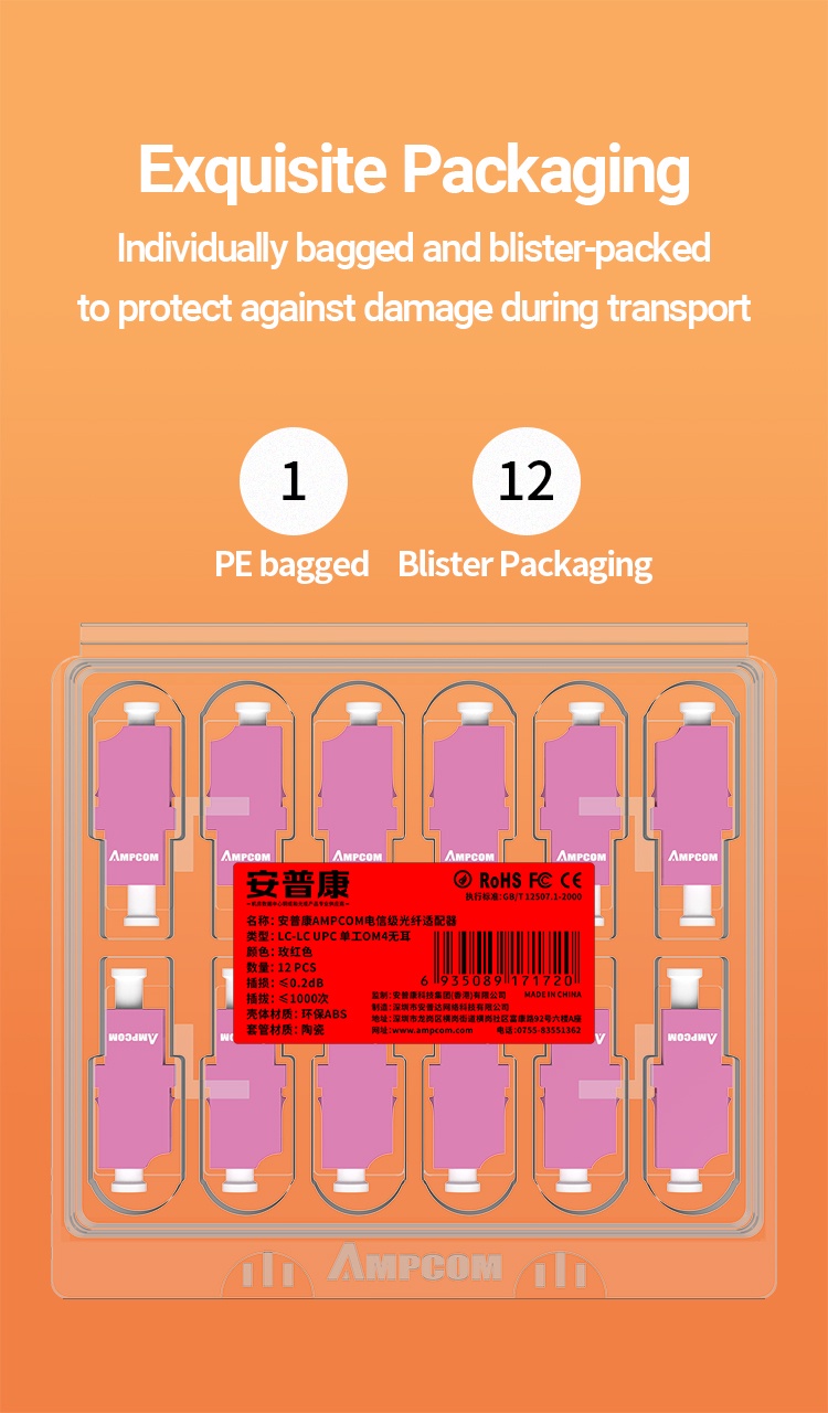AMPCOM คูปเพลอร์ใยแสง LC-LC SC-SC แบบเดียว OS1 OS2 OM1 OM2 OM3 OM4 OM5 อแพคเตอร์ใยแสง SMF MMF ...