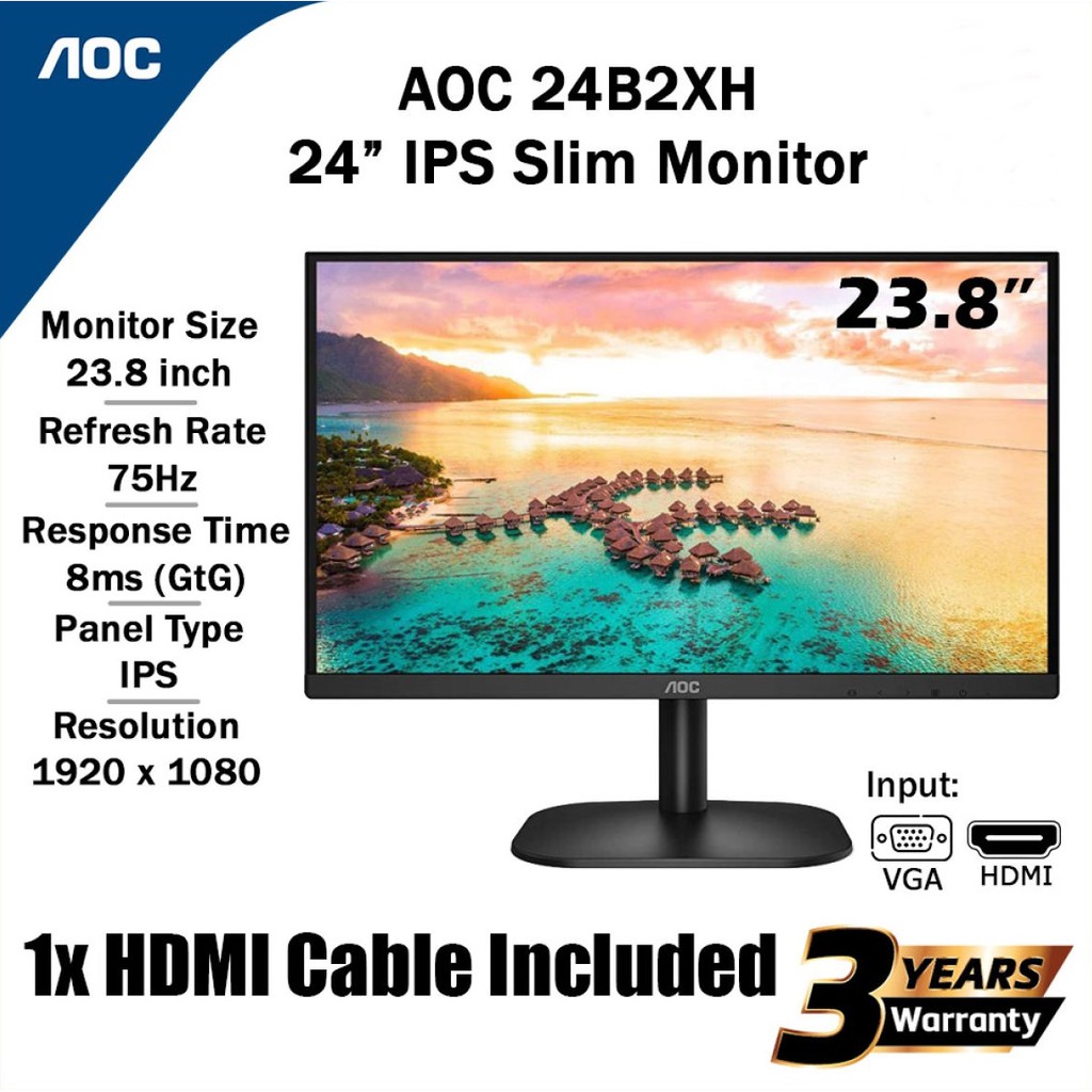 MONITOR (จอมอนิเตอร์) AOC 24B2XH/67 23.8" IPS FHD 75Hz Warranty 3 - Y ...