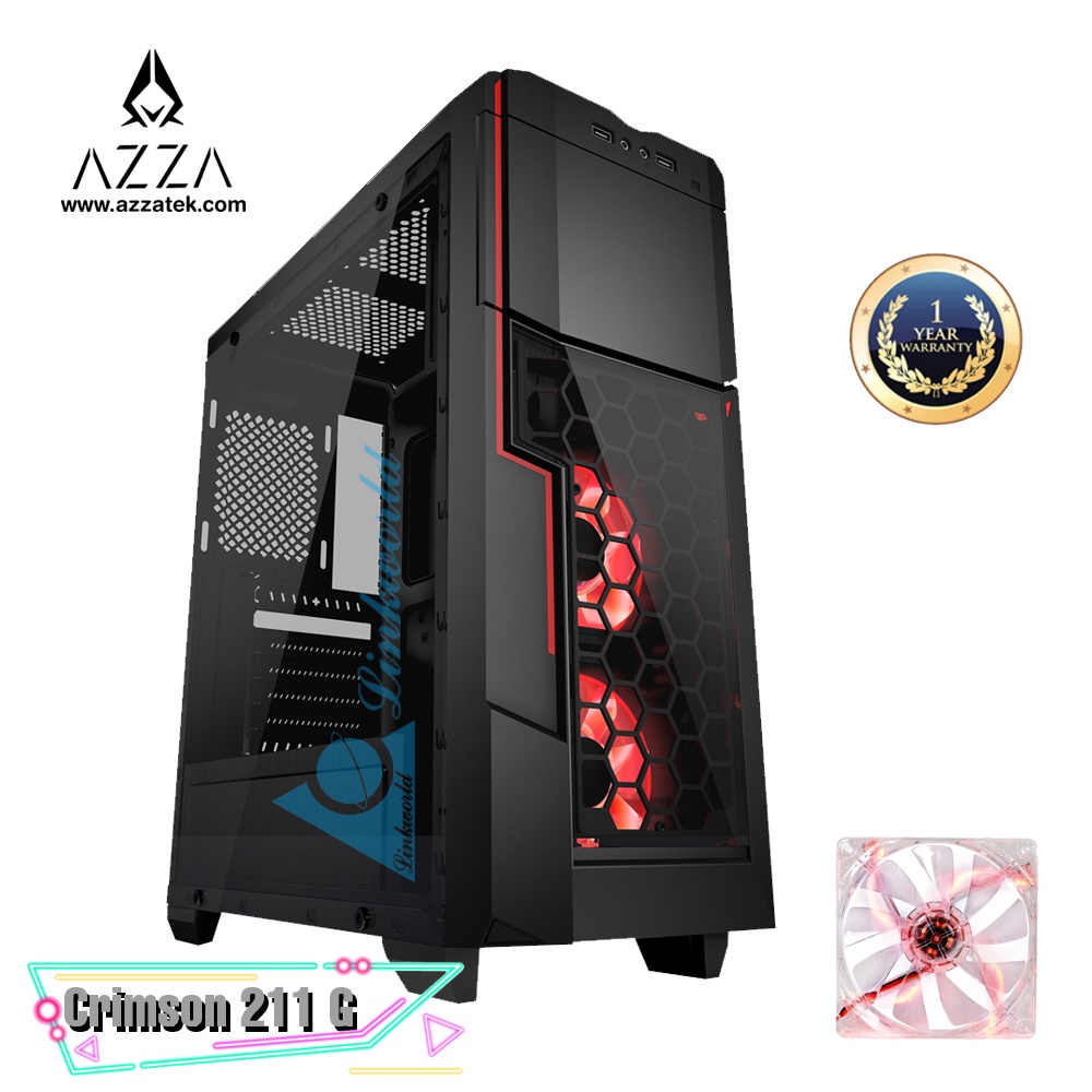 AZZA Crimson 211G Mid Tower Temped Glass Gaming Case (Front with Red ...