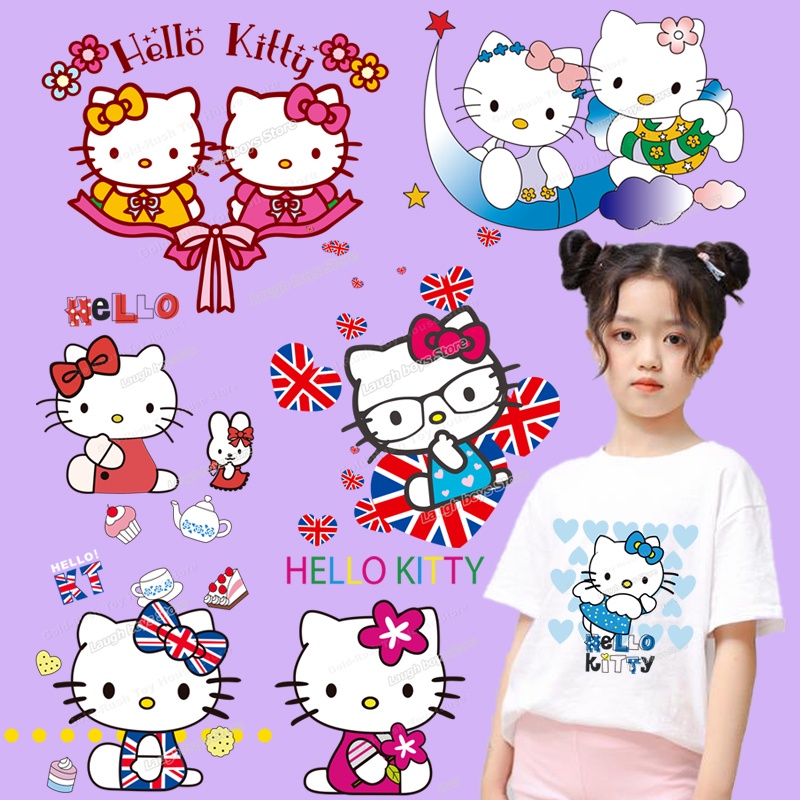 Hello Kitty Iron-on แพทช์ล้างทําความสะอาดได้เด็กเสื้อยืด DIY ตกแต่งสาว ...