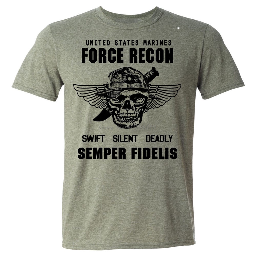 เสื้อยืดผ้าฝ้าย พิมพ์ลาย USMC Marines Semper Fidelis Devil Dog Military Force Recon สไตล์สตรีท ...