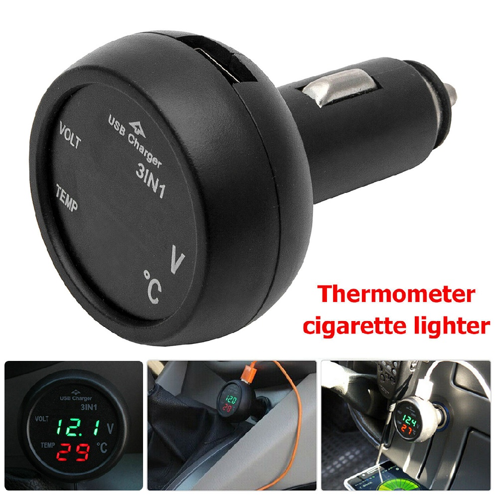 Car Cigarette Lighter Socket Adapter 3-in-1 Voltmeter+Temp Meter+USB ...