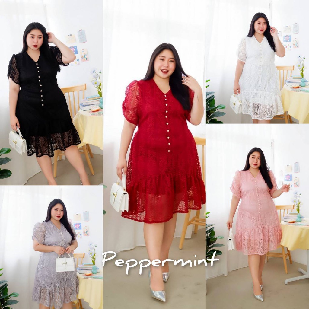 ราคาพิเศษ ‼️เดรสลูกไม้ทอนูน ชายระบาย แต่งกระดุมมุก SIze XL-6XL (502) | Shopee Thailand