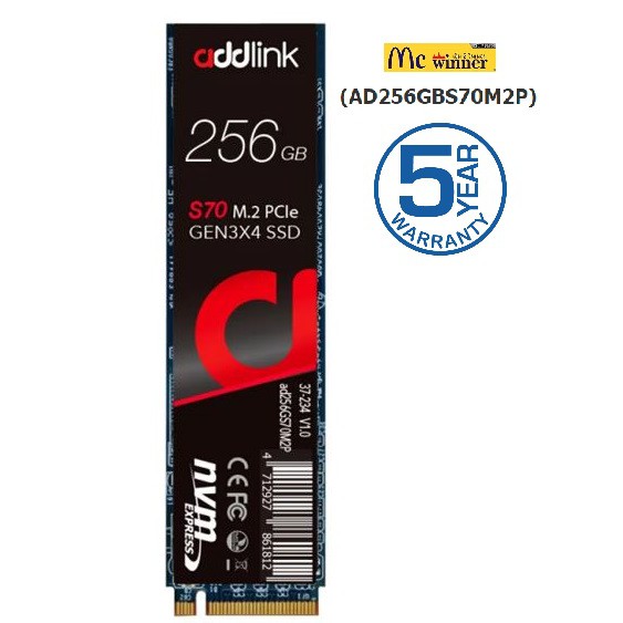256GB SSD (เอสเอสดี) ADDLINK S70 PCIe/NVMe M.2 2280 NVMe PCle Gen3x4 ...