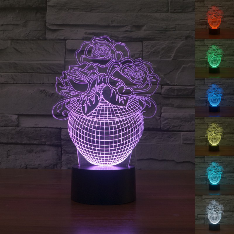 โคมไฟตั้งโต๊ะ Led รูปกระถางดอกไม้ 3d ไล่โทนสี 7 สี ชาร์จ Usb Shopee